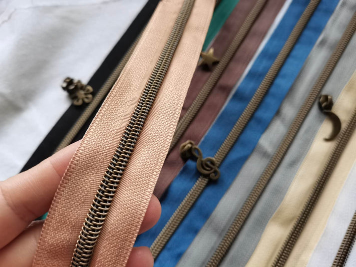 Antique brass zipper tapes by the meter, size 5 – Sun Kiss Melbourne